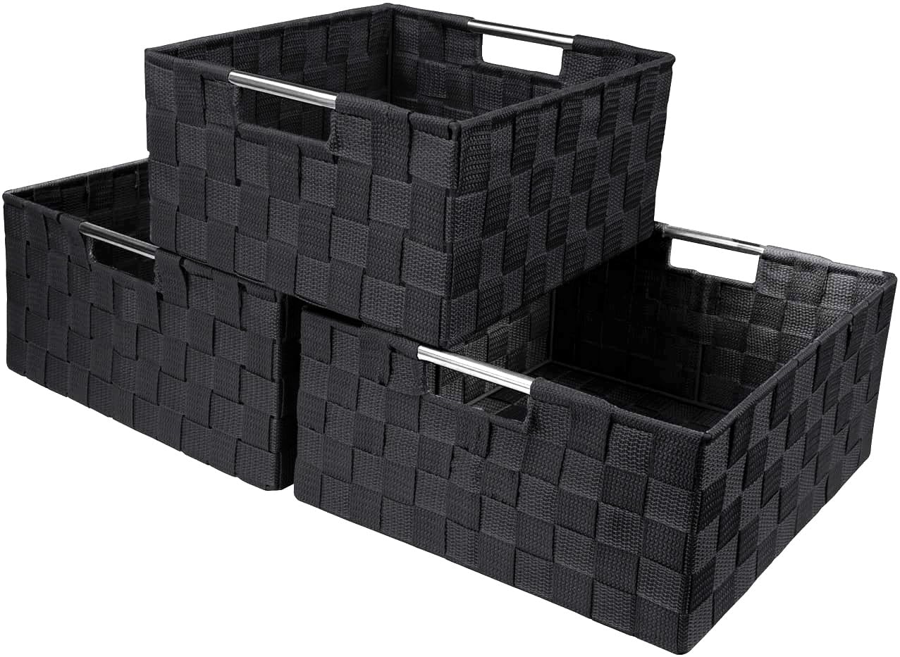 Sorbus Storage Box Woven Basket Bin Container Tote Cube Organizer Set Stackable Storage Basket Woven Strap Shelf Organizer Built-In Carry Handles (Black)