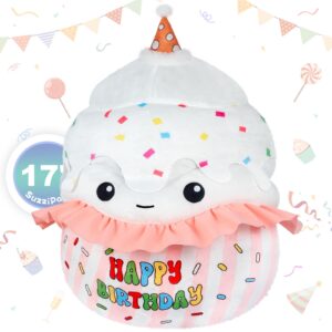 suzzipals 17 inch happy birthday cake plush pillows, squishable happy birthday stuffed animal, cute plushies cupcake birthday plush room decor, cute plushies toys birthday gifts for girls boys adults