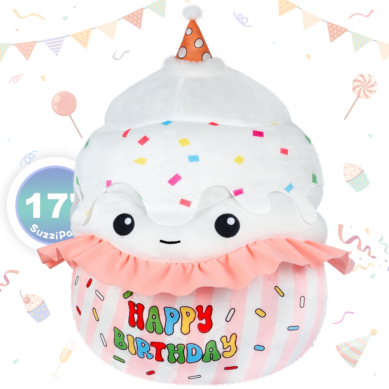 SuzziPals 17 inch Happy Birthday Cake Plush Pillows, Squishable Happy Birthday Stuffed Animal, Cute Plushies Cupcake Birthday Plush Room Decor, Cute Plushies Toys Birthday Gifts for Girls Boys Adults