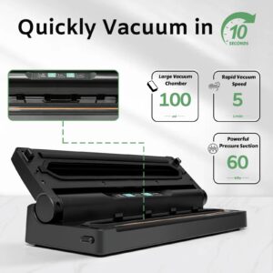 KVSK Vacuum Sealer Machine, 6-in-1 Compact Food Sealer Automatic Air Sealing System For Food Storage With Cutter and 11" x 9.8' Black Roll, One-Click Dry & Moist Vac Seal Mode