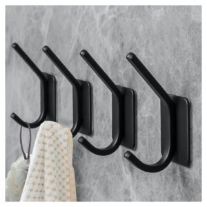 matte black towel hooks - strong self adhesive coat/clothes hooks,no drilling sticky hooks,heavy duty shower wall hooks for bathroom kitchen bedroom,easy installation hanger hooks for rube(4 pack)