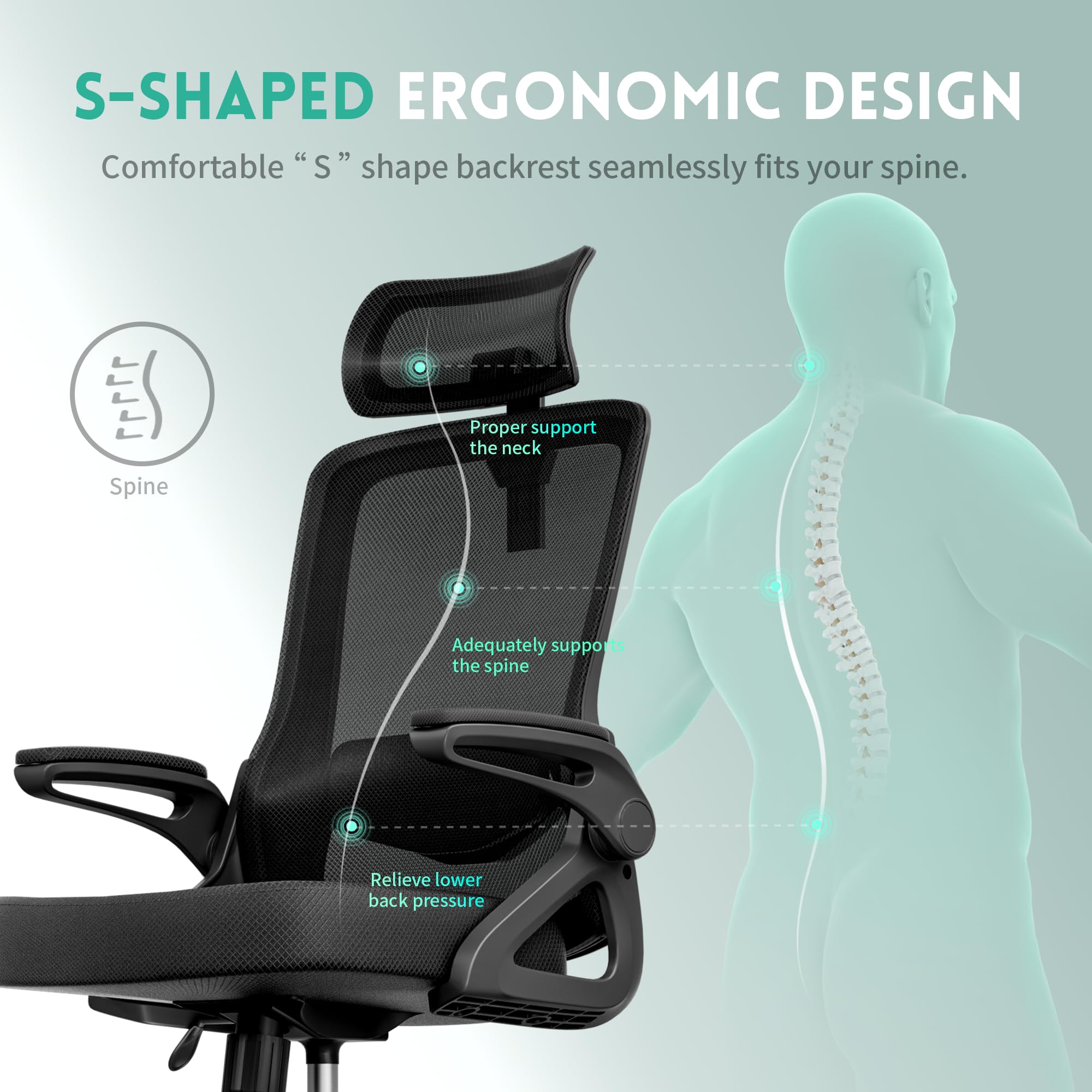 Office Chair, S-Shaped Ergonomic Mesh Desk Chair, Adjustable Headrest & Height, Widened Cushion, 90° Flip-UpArmrest, Assembly &Storage, Home/Office/Bedroom Computer Chair with 360° Casters