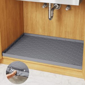 under sink mat, 22'' x 19'', waterproof silicone under sink liner for kitchen bathroom, under kitchen sink organizers and storage, cabinet shelf protector, flexible under sink drip tray, dark grey