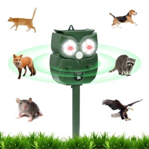 solar powered rodent ultrasonic animal repellent, waterproof motion detection with sentor&led flash light, outdoor pest deterrent for dog, skunk, fox, squirrels, raccoon, coyote, rabbit