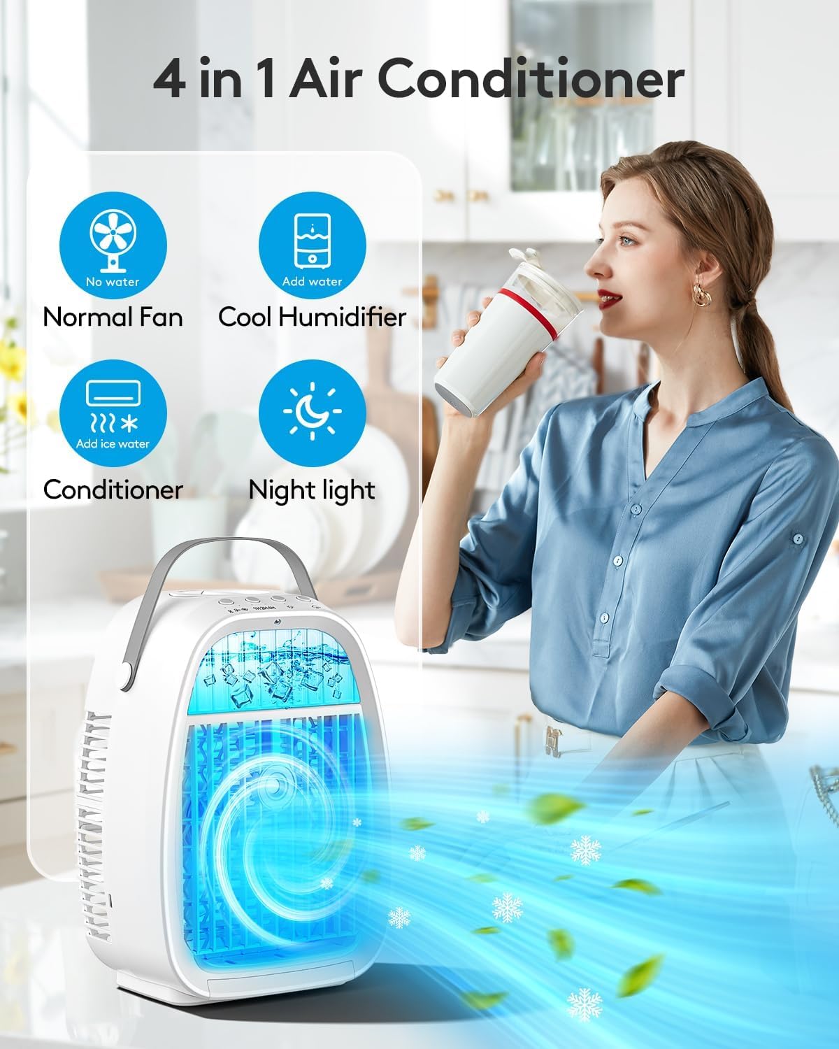 AI Portable Air Conditioners Fan,JYew Evaporative Mini Room Air Conditioners,Portable AC Unit Air Cooler with 4 in 1 Humidifier Fan Conditioner with 1400ML, 3 Speed AC Portable for Room Office Desk