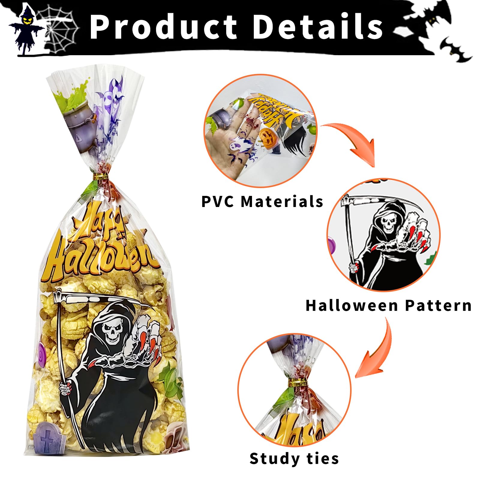 Halloween Treat Bags, Halloween Candy Bags, 54 PCS Halloween Cellophane Treat Bags, Plastic Halloween Cookies Goodie Gift Bags with Ties for Halloween Trick or Treat Party Favors Supplies - 6 Style