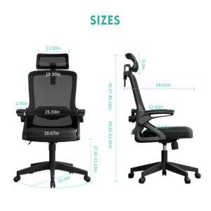 Office Chair, S-Shaped Ergonomic Mesh Desk Chair, Adjustable Headrest & Height, Widened Cushion, 90° Flip-UpArmrest, Assembly &Storage, Home/Office/Bedroom Computer Chair with 360° Casters