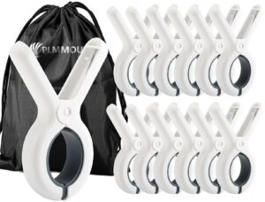 plmmout 12 pack beach towel clips,beach chair towel clips for chairs cruise,beach chair clips for towels,large plastic clothespins heavy duty,beach towel clamps for pool chairs,strong grip (white)