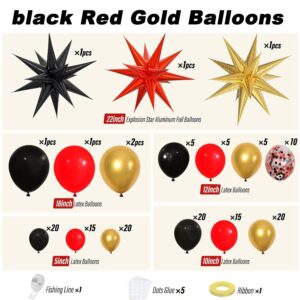 Red Black Gold Balloons Arch kit,Red Black and Gold Balloons Garland with 3Pcs Star Balloons for Graduation Anniversary Casino Night Hollywood New Years Movie Night Birthday Decorations