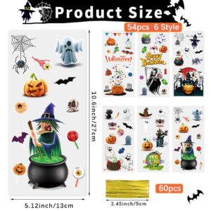 Halloween Treat Bags, Halloween Candy Bags, 54 PCS Halloween Cellophane Treat Bags, Plastic Halloween Cookies Goodie Gift Bags with Ties for Halloween Trick or Treat Party Favors Supplies - 6 Style