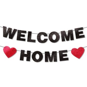 junyruny welcome home black red glitter banner, welcome back party decorations, welcome home signs for inside, large welcome banner, welcome home decor