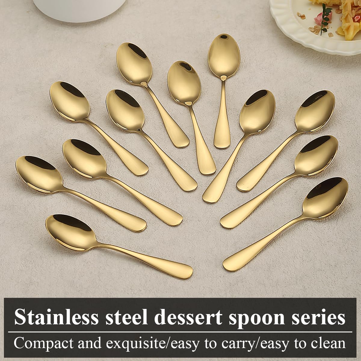 ReaNea Gold Teaspoons Set of 12, Stainless Steel Dessert Spoons, Coffee Spoon, Stirring Spoon, Latte Spoon for Home, Restaurant, Hotel, Wedding, Event, Parties