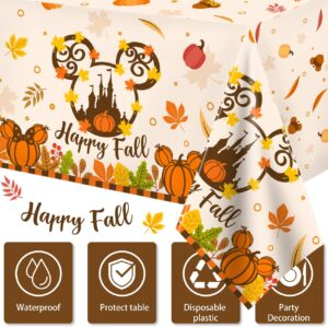 Happy Fall Mouse Tablecloths, Cute Fall Decorations for Home Fall Harvest Party Decor, 3pcs Plastic Mouse Pumpkin Table Covers, Waterproof Maple Leaf Dinner Table Cloth for Thanksgiving Party 108*54"