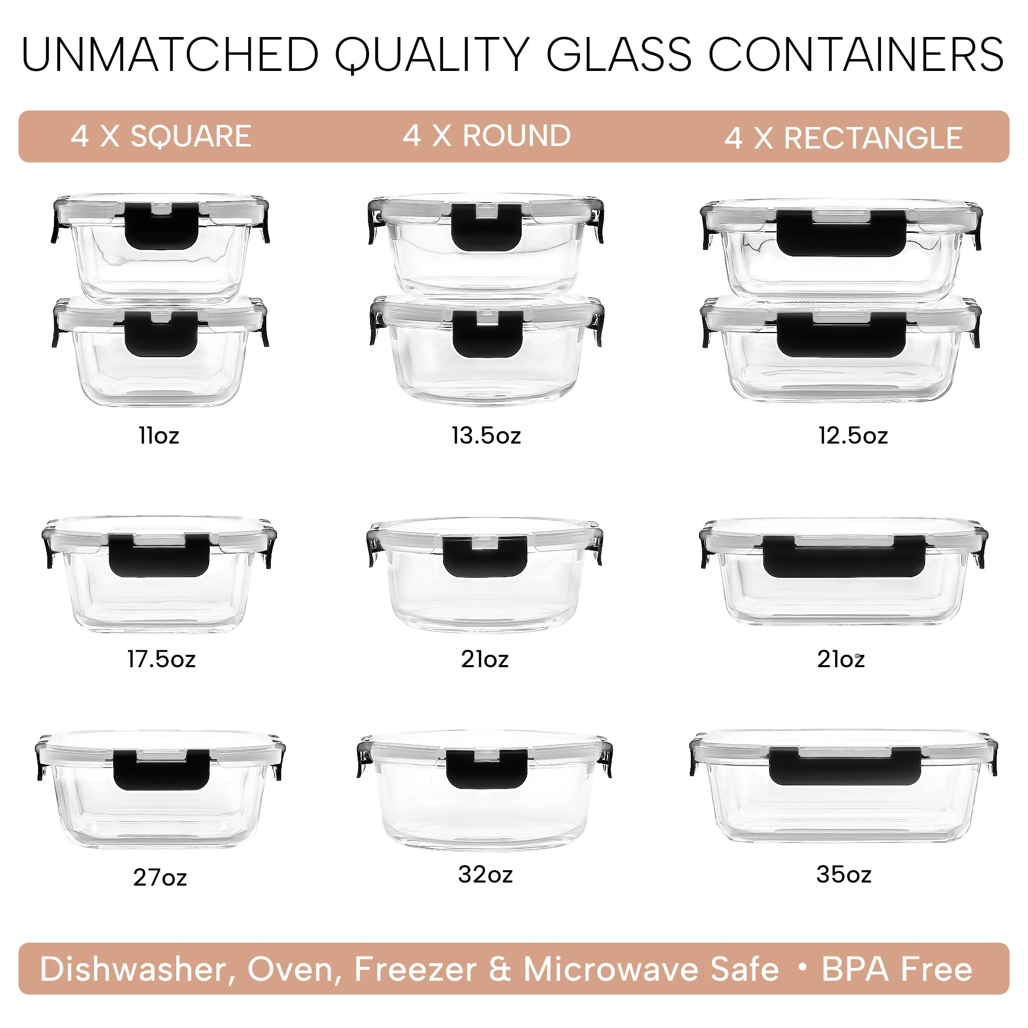 Zulay Kitchen 12 Pack Glass Meal Prep Containers with Lids - Airtight, Premium Borosilicate Glass Food Storage Containers - Microwave, Freezer & Oven Safe, BPA Free - Black