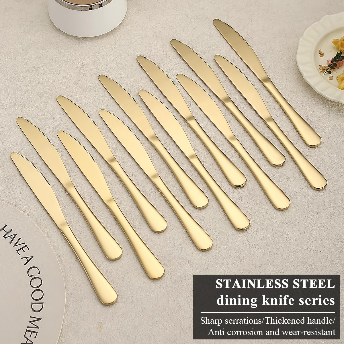 ReaNea Gold Dinner Knives Set of 12 Pieces, Stainless Steel Titanium Gold Plating Butter Knife, Table Knives for Home, Restaurant, Hotel, Wedding, Events