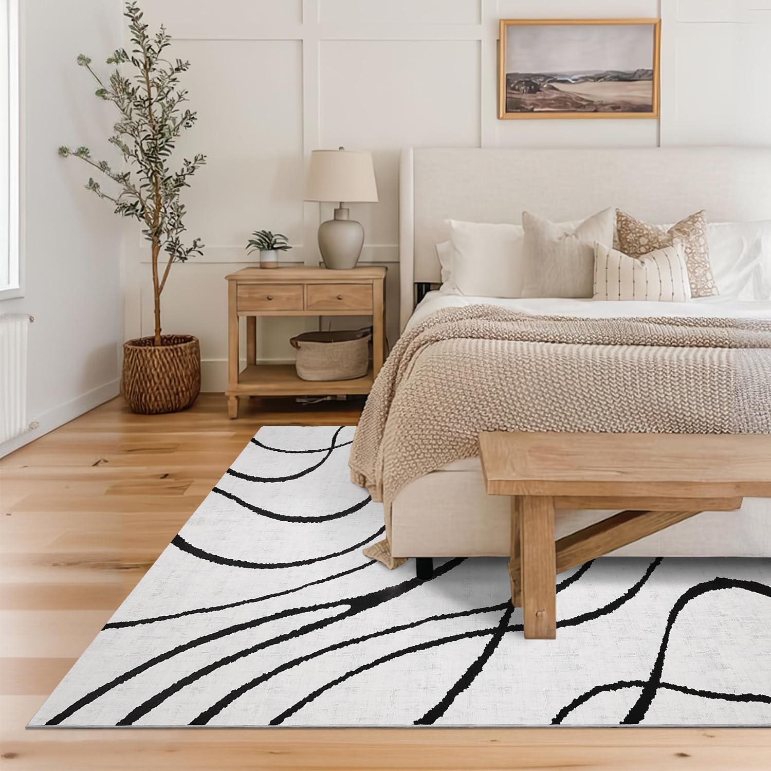 YIHOUSE Modern Abstract Washable Rugs 6x9, Non Slip Soft Black and White Wave Rug, Thin Geometric Minimalist Striped Rug, Stain Resistant Swirl Area Rug for Living Room,Office