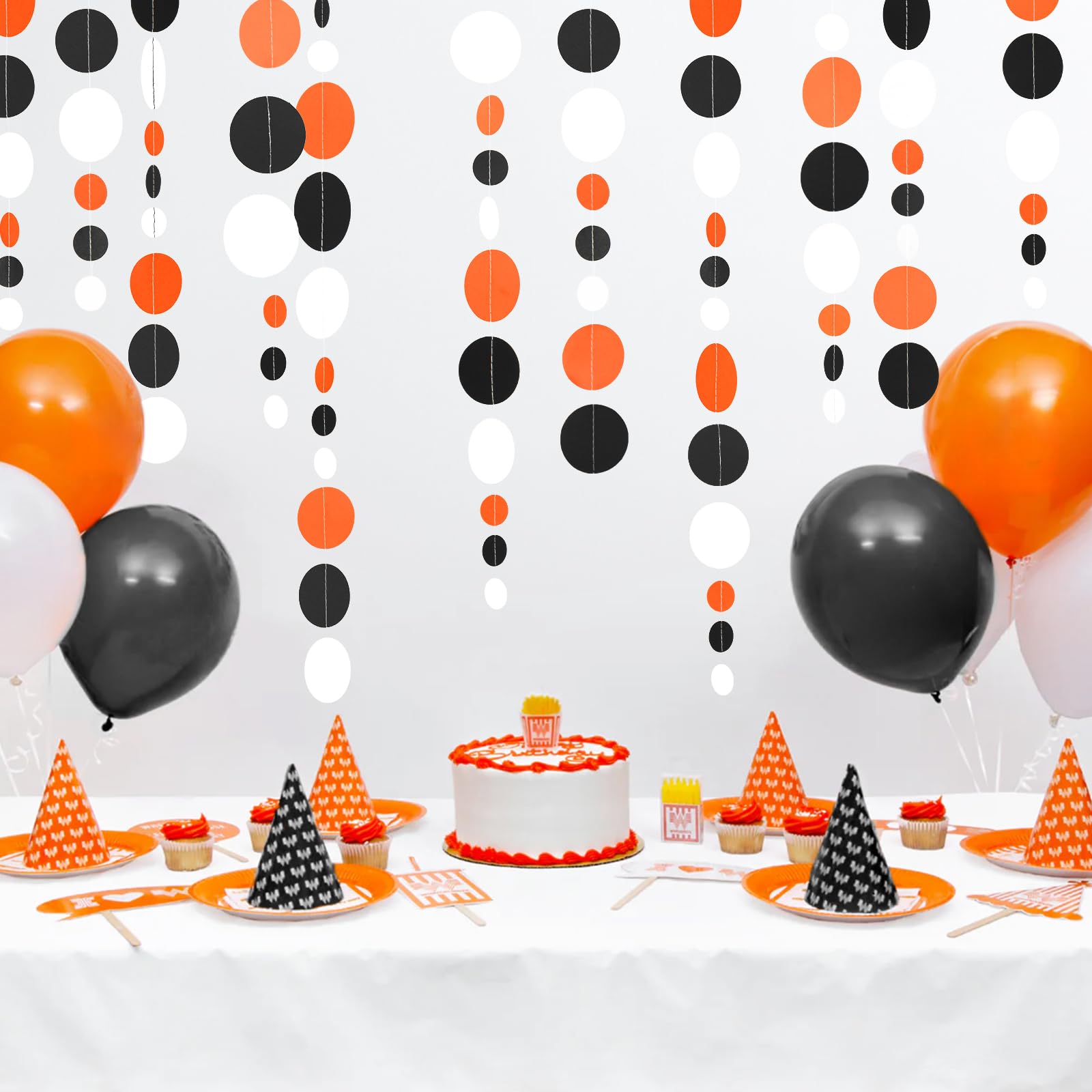 GCQQ Black Orange White Garland, 52Ft Halloween Garlands, Paper Circle Dot Garland Streamers, Polka Dot Garlands for Halloween Party Decoration, Thanksgiving, Wedding, Baby Shower, Birthday Decoration