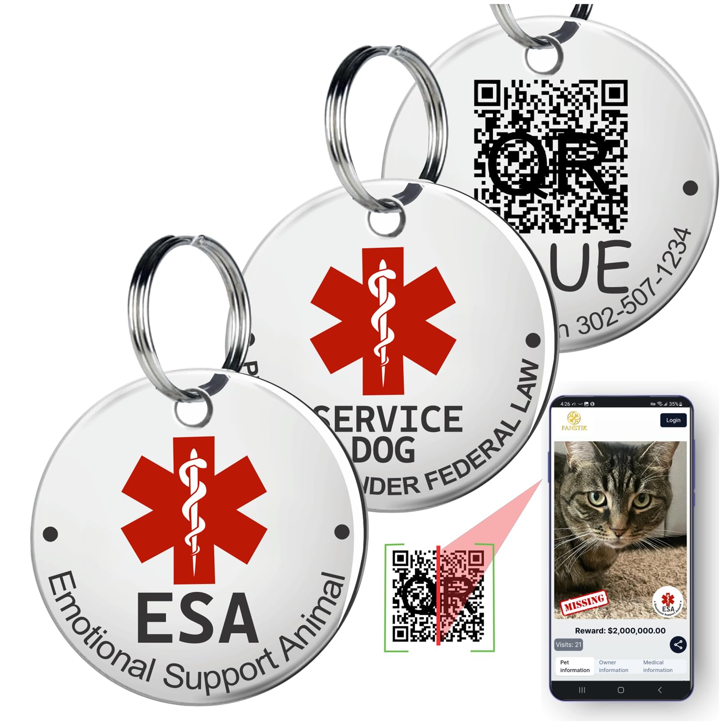 Engraved Personalized QR Code Pet ID ESA Tag(Made In USA) Service Dog tag, Custom Emotional Support Animal Tag Red Medical Symbol, Personalize Tag & Web, Scan QR Receive Location Alert FANSTIK(QR ESA)