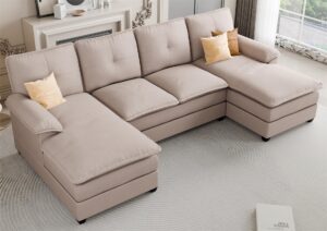 jamfly sectional couches for living room, u-shaped couch 4 seat sofas with double chaises, modular sectional sofa set for apartment furniture for apartment, dark beige