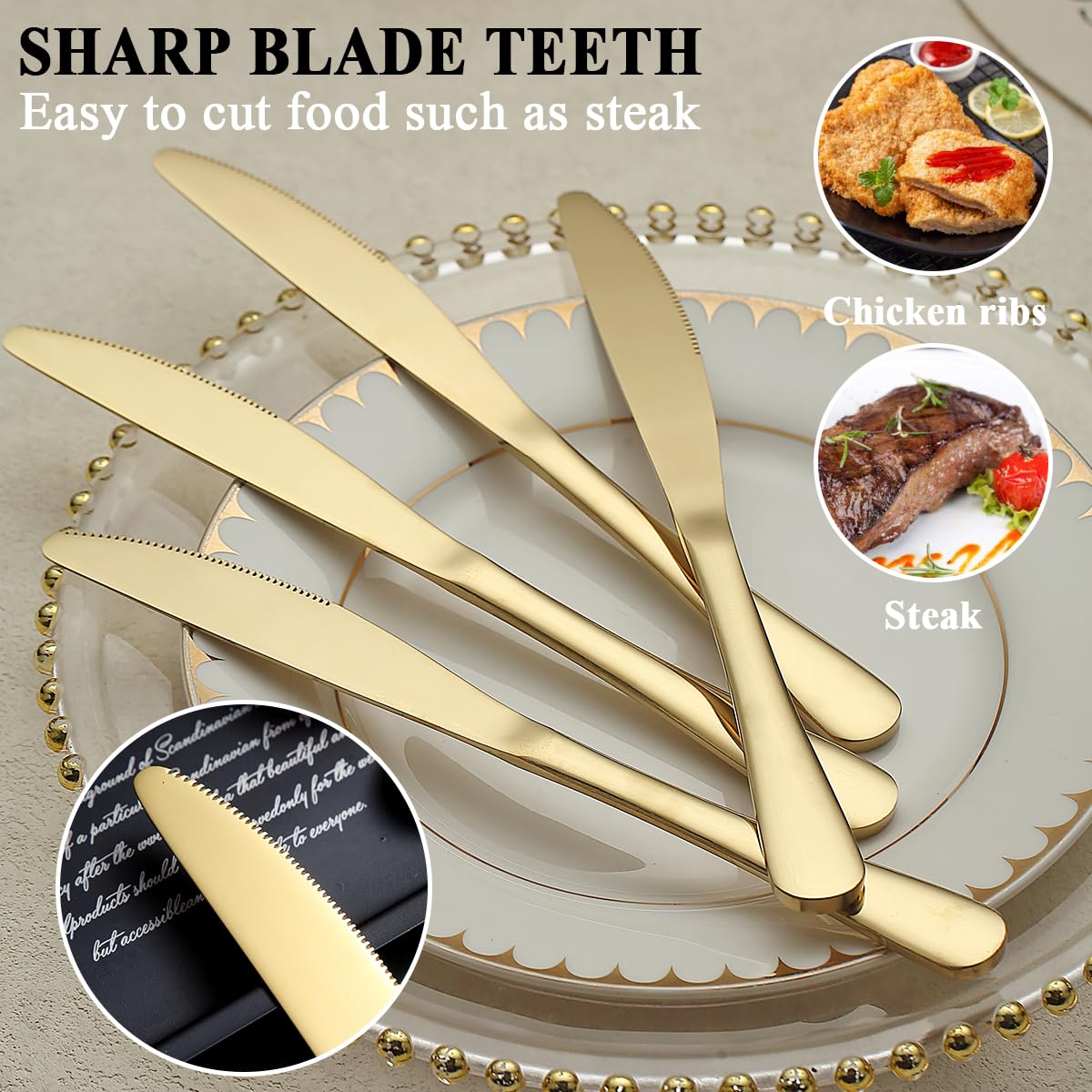 ReaNea Gold Dinner Knives Set of 12 Pieces, Stainless Steel Titanium Gold Plating Butter Knife, Table Knives for Home, Restaurant, Hotel, Wedding, Events