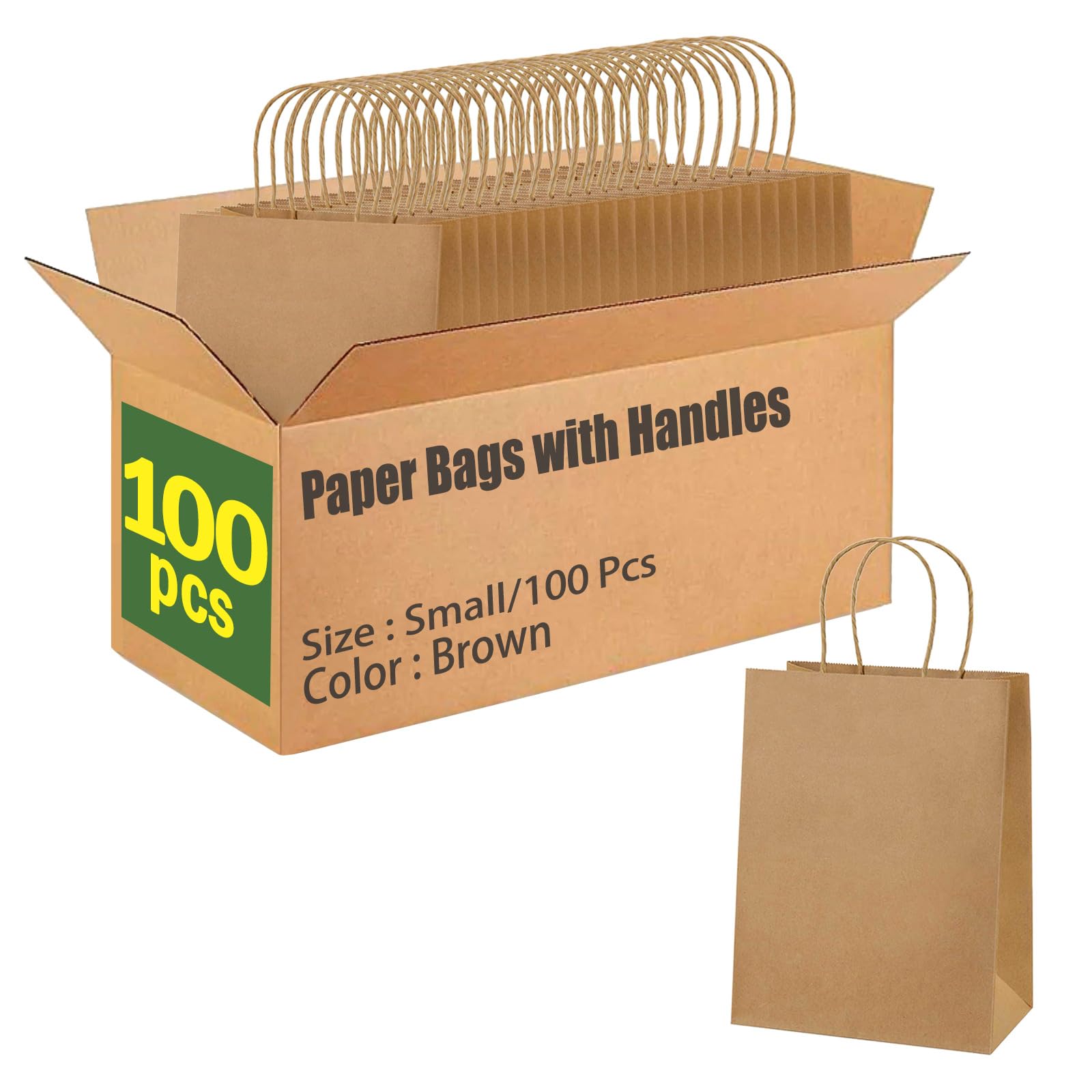 100 Pcs Brown Paper Bags with Handles,5x8x3 inch,Size Small,Paper Gift Bags,Kraft Paper Bags Bulk for Grocery/Business Owners/Shopping/Party/Goody/Retail/Takeouts/Birthday/christmas(Brown,S,100p)