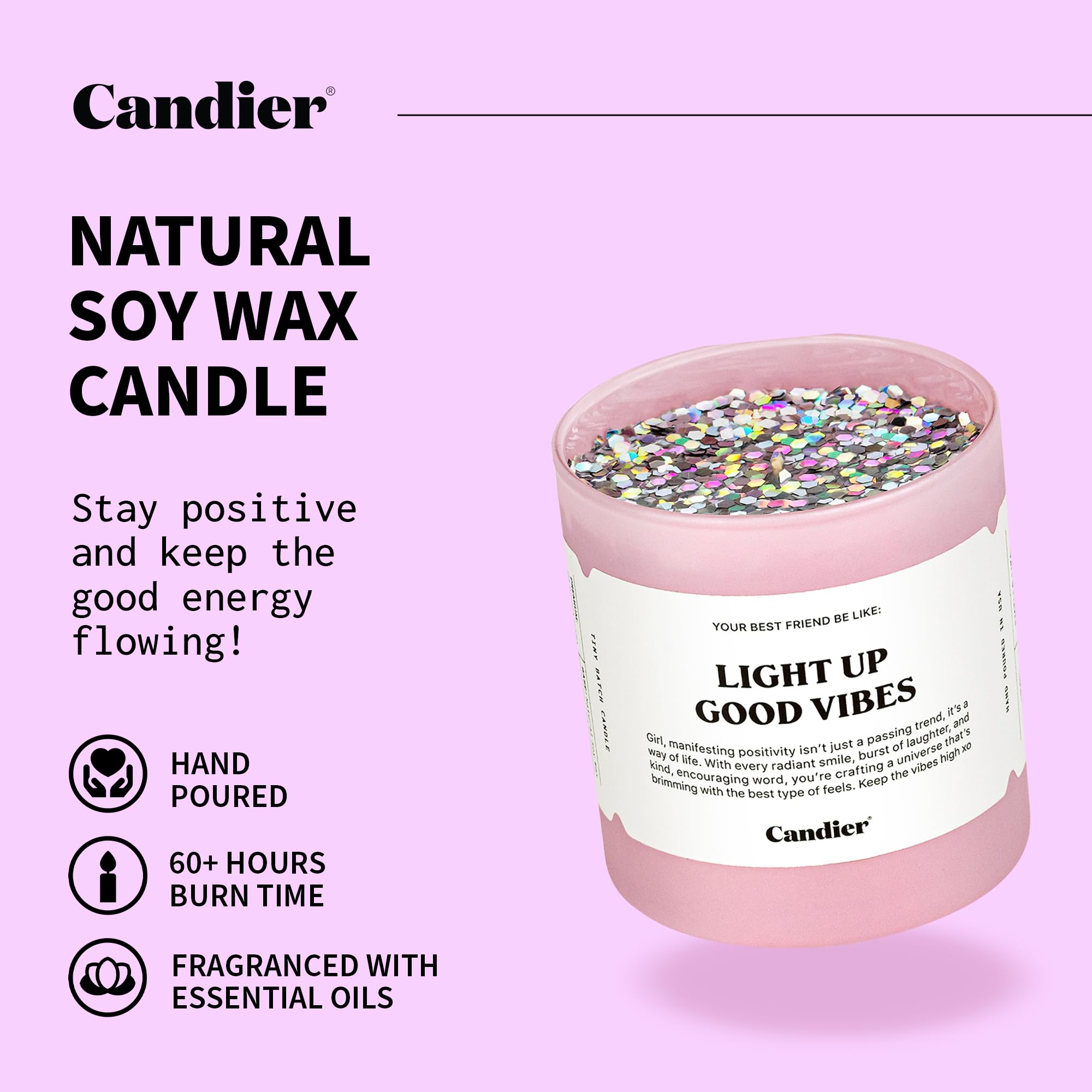 Light Up Good Vibes Candle, Scented Phthalate-Free Soy Candles with 60+ Hours Burn Time, Vegan Cruelty-Free Pink Candle for Any Occasion, Candles for Women & Men - Candier