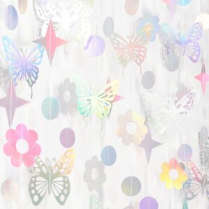 iridescent butterfly girl-birthday party-decorations garland-streamers - 52ft baby shower bachelorette holographic hanging banner decor,engagement garden classroom pastel glitter backdrop huglony