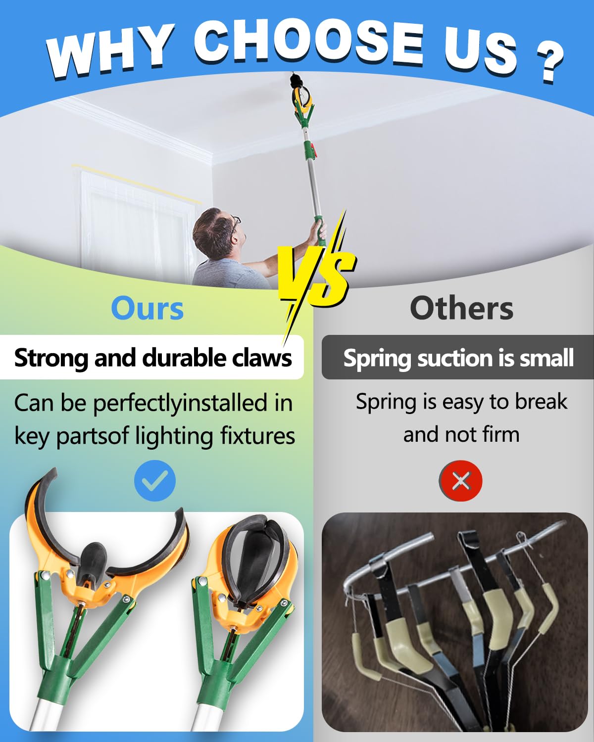 Light Bulb Changer for High Ceilings - High Reach Light Bulb Changer - High Ceiling Light Bulb Changer with Pole - with Anti-Slip Rubber Pads, 3 Claws for Light Bulb Pole Changer for High Ceilings