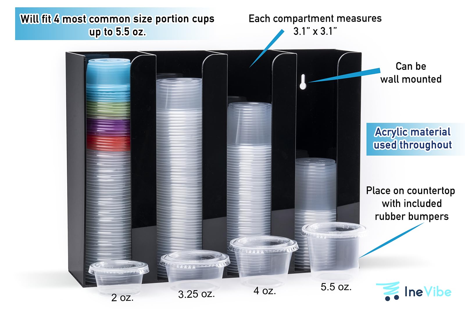 IneVibe Portion Cup and Lid Holder - 4 Compartment Acrylic Organizer for Condiment & Sauce Cups, Fits Cups 2 oz to 5.5 oz in Size, Use Dispenser on Counter or Wall Mount