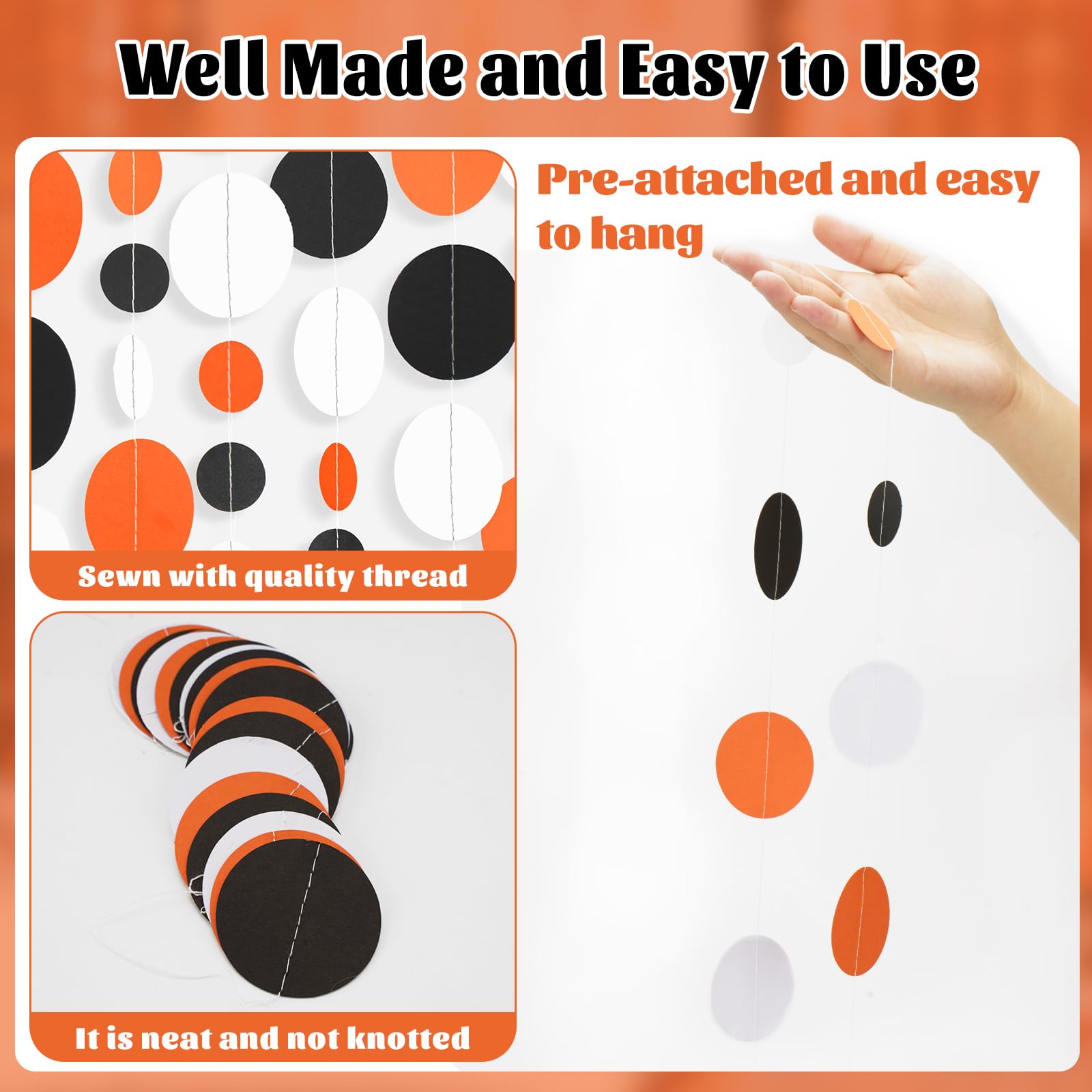 GCQQ Black Orange White Garland, 52Ft Halloween Garlands, Paper Circle Dot Garland Streamers, Polka Dot Garlands for Halloween Party Decoration, Thanksgiving, Wedding, Baby Shower, Birthday Decoration