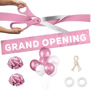 deluxe grand opening ribbon cutting ceremony kit - 25" giant scissors with pink satin ribbon, banner, bows, balloons & more