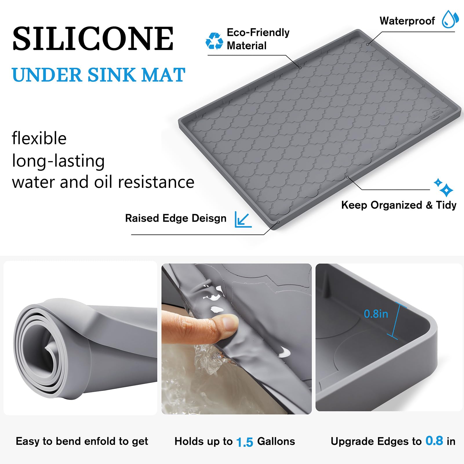 Under Sink Mat, 22'' x 19'', Waterproof Silicone Under Sink Liner for Kitchen Bathroom, Under Kitchen Sink Organizers and Storage, Cabinet Shelf Protector, Flexible Under Sink Drip Tray, Dark Grey