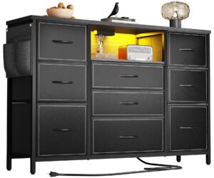 yenlure black dresser for bedroom dresser with led lights and charging station, led dresser tv stand with drawers hanging storage bag pu finish, chests of drawers for bedroom adult, women, mens.