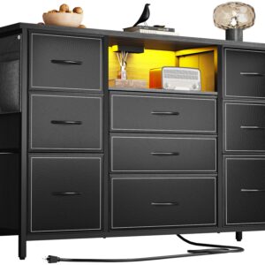 Yenlure Black Dresser for Bedroom Dresser with LED Lights and Charging Station, LED Dresser TV Stand with Drawers Hanging Storage Bag PU Finish, Chests of Drawers for Bedroom Adult, Women, Mens.