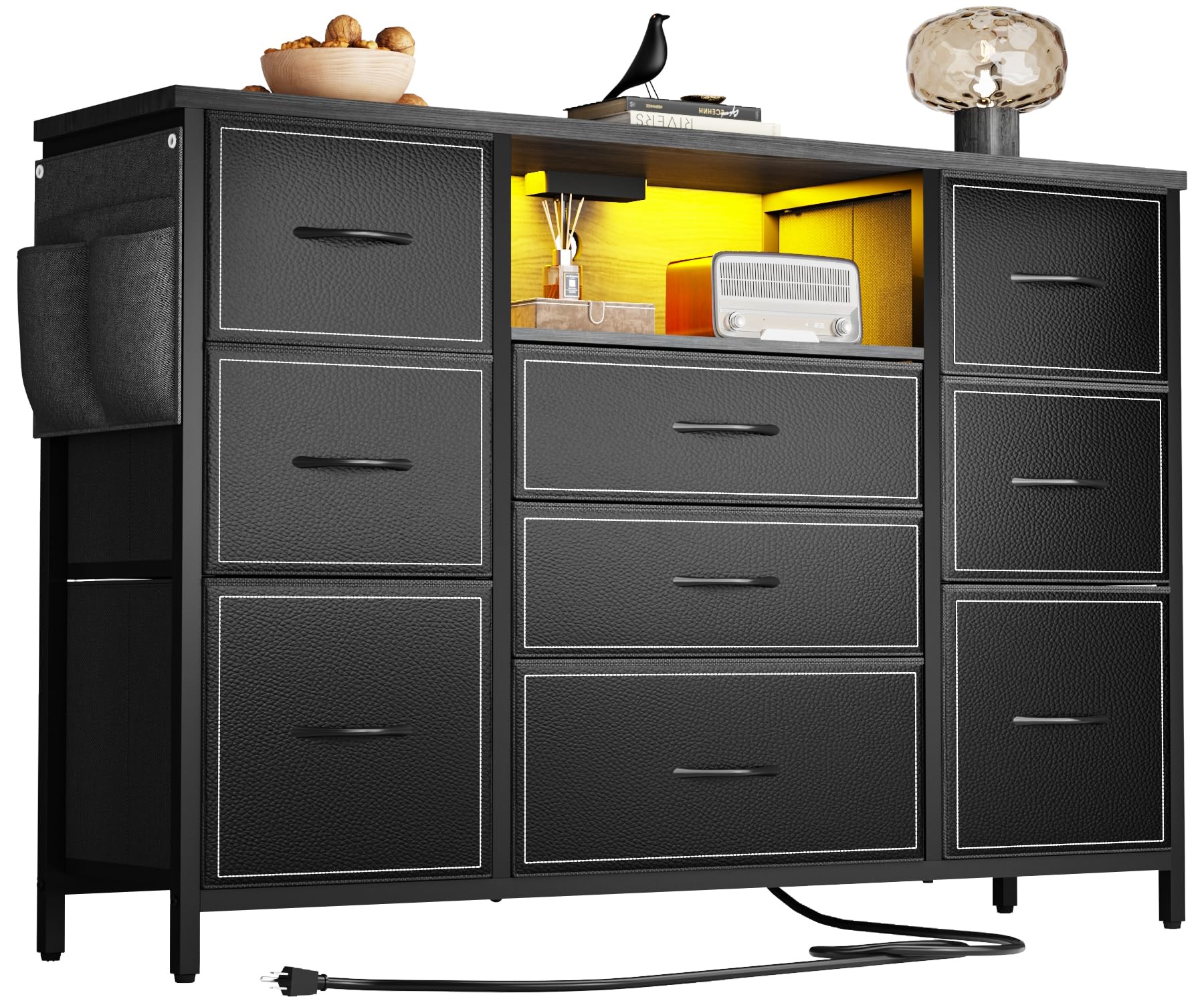 Yenlure Black Dresser for Bedroom Dresser with LED Lights and Charging Station, LED Dresser TV Stand with Drawers Hanging Storage Bag PU Finish, Chests of Drawers for Bedroom Adult, Women, Mens.