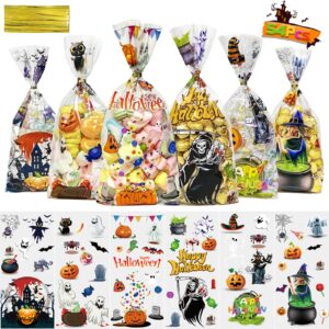 halloween treat bags, halloween candy bags, 54 pcs halloween cellophane treat bags, plastic halloween cookies goodie gift bags with ties for halloween trick or treat party favors supplies - 6 style