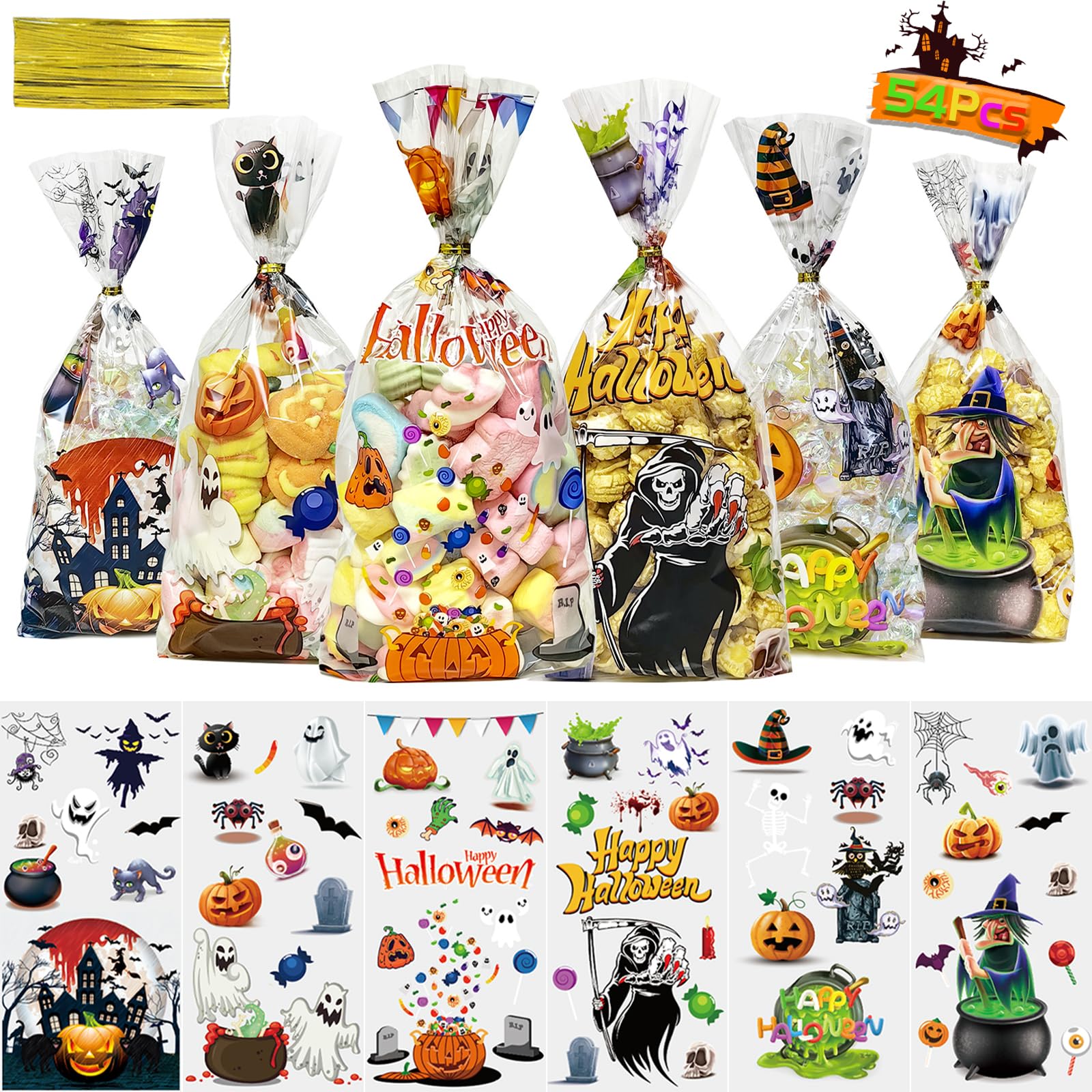 Halloween Treat Bags, Halloween Candy Bags, 54 PCS Halloween Cellophane Treat Bags, Plastic Halloween Cookies Goodie Gift Bags with Ties for Halloween Trick or Treat Party Favors Supplies - 6 Style