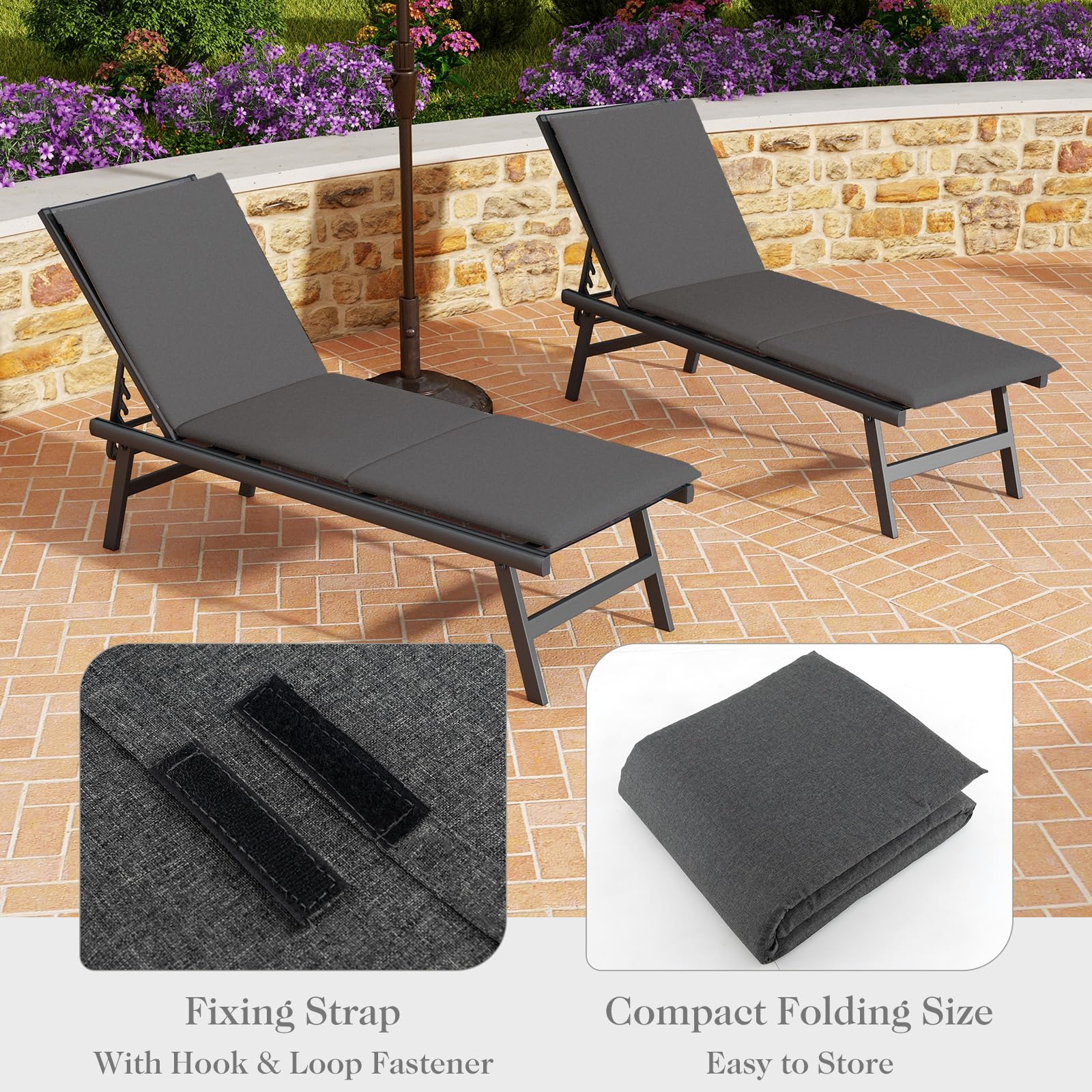 HAPPYGRILL Outdoor Chaise Lounge Cushion, Patio Furniture Pad with Hook & Loop Fastener Fixing Straps, Folding Cushion for Reclining Lounger for Outside, 72 x 23 Inches, Dark Gray