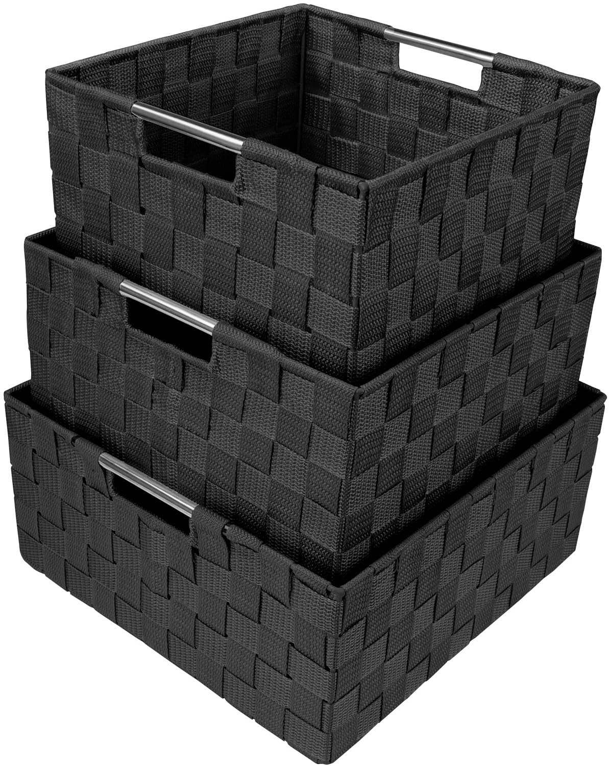 Sorbus Storage Box Woven Basket Bin Container Tote Cube Organizer Set Stackable Storage Basket Woven Strap Shelf Organizer Built-In Carry Handles (Black)