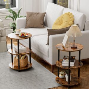 RISWER Round Side Table Living Room - Small Accent Table with 3 Tier Shelves, Rustic Wooden Couch End Table for Bedroom or Living Room, Reinforced Metal Legs, Easy to Assemble, Rustic Brown