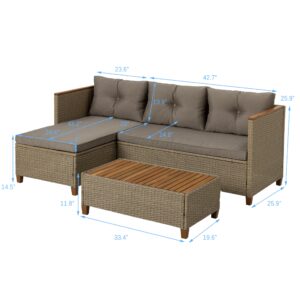 WiberWi Patio Furniture Set 3 Piece Outdoor Sectional Sofa Couch All Weather Rattan Wicker Conversation Set with Acacia Wood Coffee Table for Backyard Porch Garden Balcony, Waterproof, Grey