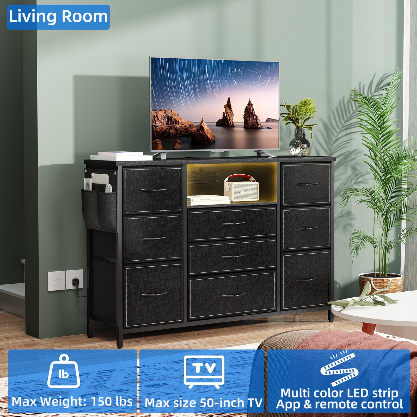 Yenlure Black Dresser for Bedroom Dresser with LED Lights and Charging Station, LED Dresser TV Stand with Drawers Hanging Storage Bag PU Finish, Chests of Drawers for Bedroom Adult, Women, Mens.