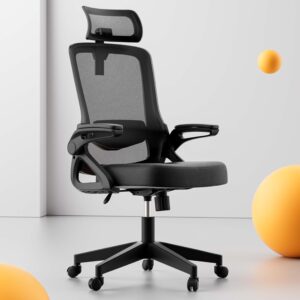 office chair, s-shaped ergonomic mesh desk chair, adjustable headrest & height, widened cushion, 90° flip-uparmrest, assembly &storage, home/office/bedroom computer chair with 360° casters