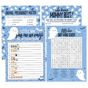 blue a little boo is almost due boy baby shower game pack, emoji - word search - who know mom best - pregnancy match - 20 guests, halloween baby shower (4 game value pack 2)