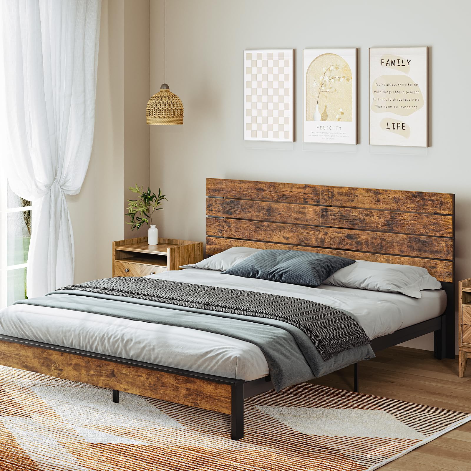 HOOBRO Headboard King Size, Wooden Headboard, Rustic-Styled Headboard, Headboard with Sturdy Support Legs, 3-Height Connection Holes, Minimalist Headboard, for King Beds, Rustic Brown and Black