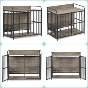 Merax 39” Heavy Duty Large Dog Crate Indoor Furniture, Wooden Metal Kennel Pet Cage with Double Doors & Adjustable Feeder Stand & Side End Table Storage, Grey