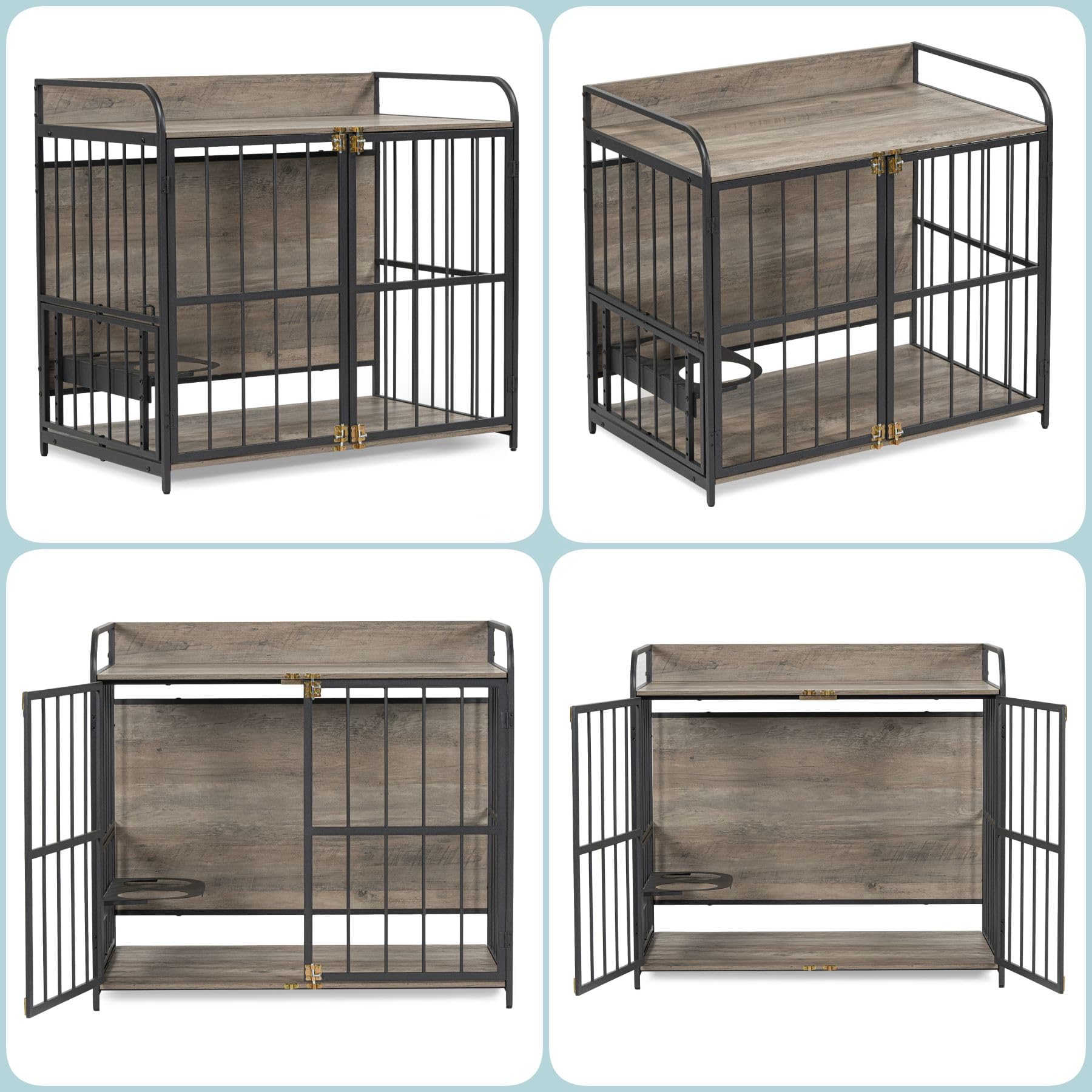 Merax 39” Heavy Duty Large Dog Crate Indoor Furniture, Wooden Metal Kennel Pet Cage with Double Doors & Adjustable Feeder Stand & Side End Table Storage, Grey