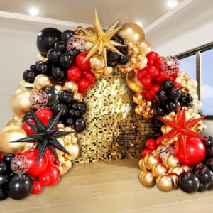 red black gold balloons arch kit,red black and gold balloons garland with 3pcs star balloons for graduation anniversary casino night hollywood new years movie night birthday decorations