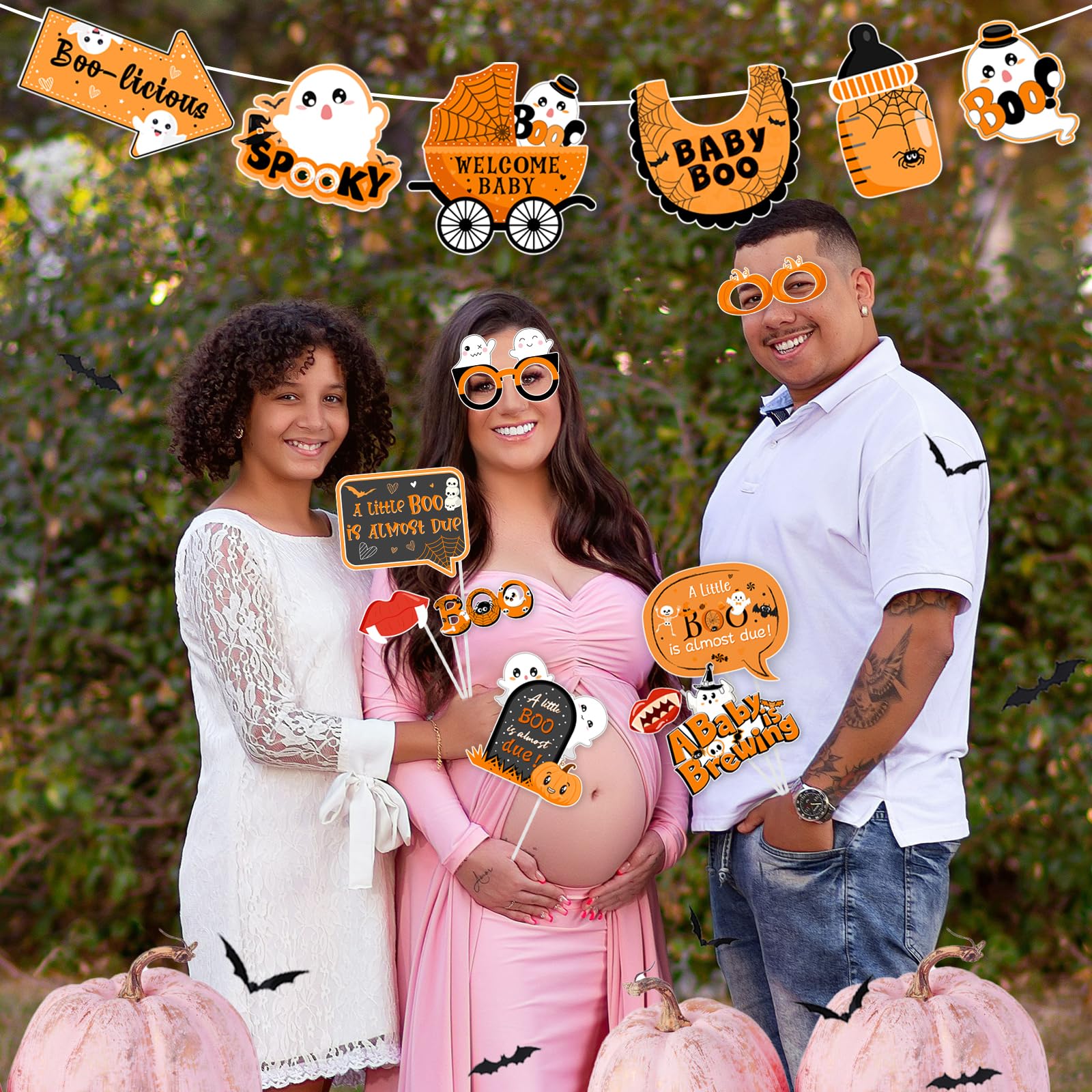 Kreatwow 24pcs Halloween Baby Shower Photo Booth Props Orange Black Halloween Baby Shower A Little Boo is Almost Due Baby Shower Decor for Halloween Baby Shower Gender Reveal Pregnancy Celebration