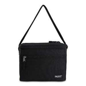 packit freezable essential cooler, black, built with ecofreeze technology, fully freezable, collapsible, reusable, with removable crossbody strap, top clip handle, designed for fresh office